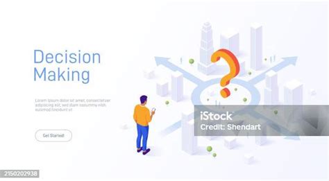 여러 개의 화살표가 있는 물음표의 교차로에서 선택을 고민하는 남자 Gps 네비게이션 의사 결정의 개념 벡터 등각 투영 그림입니다 사업 개념 3차원 형태에 대한 스톡 벡터