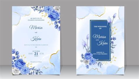 Carte Dinvitation De Mariage Avec Fleurs Bleues Et Cadre Doré