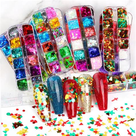 1 상자 12 그리드 네일 반짝이 조각 네일 용품 네온 나비 러브 하트 손톱 Accesorios 디자인 손톱 장식 조각 Diy 도구네일 글리터 Aliexpress