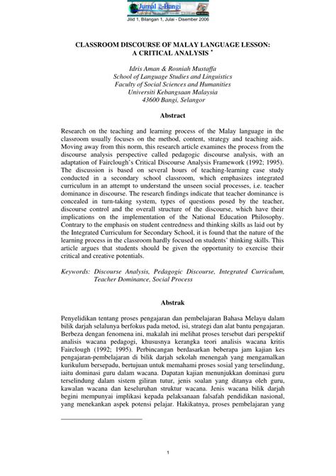 Pdf Classroom Discourse Of Malay Language Lesson A Critical Analysis