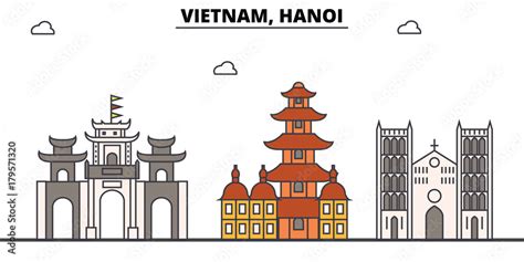 Vietnam Hanoi Outline Skyline Vietnamese Flat Thin Line Icons Landmarks Illustrations