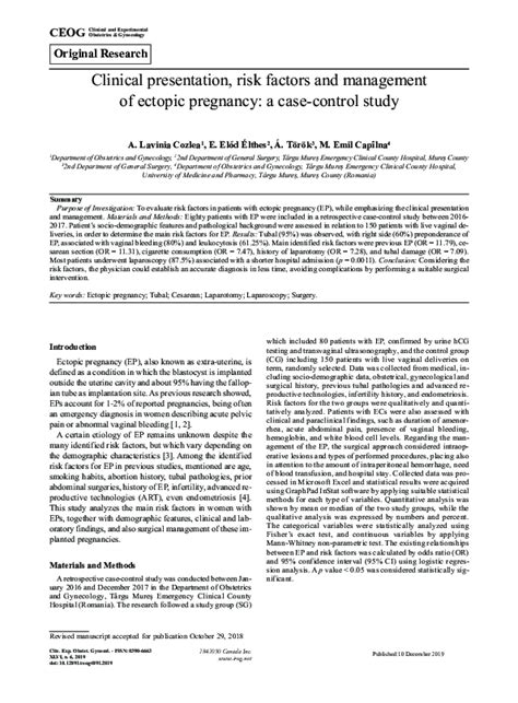 Pdf Clinical Presentation Risk Factors And Management Of Ectopic