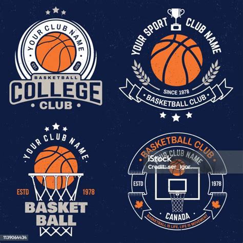 농구 클럽 배지 세트 벡터 T 셔츠 티 프린트 또는 의류 용 그래픽 디자인 농구 후프와 볼 실루엣 빈티지 타이포 그래피 디자인 농구 팀 스포츠에 대한 스톡 벡터 아트 및