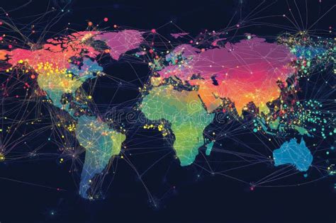 Vibrant World Map Representation In Multicolored Dots And Lines Illustrating Global Connections