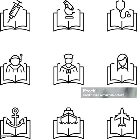 Ui 광고 선 스타일로 그려진 책에 대한 표지판 세트 편집 가능한 획 주사기 현미경 청진기 직업 닻 배 책 위의 비행기 아이콘