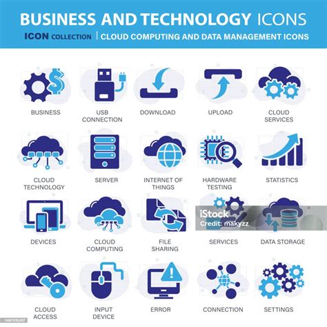 기술 클라우드 컴퓨팅 및 데이터 관리 아이콘 세트 모바일 컴퓨팅 연결 클라우드 및 네트워킹 아이콘 세트 아이콘 벡터 컬렉션
