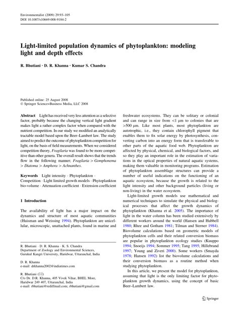 Pdf Light Limited Population Dynamics Of Phytoplankton Modeling Light And Depth Effects