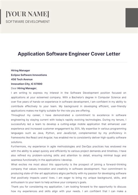 Free Application Software Engineer Cover Letter Template To Edit Online