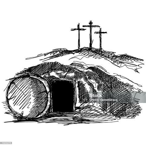 부활절에 대 한 손으로 그린 벡터 그림입니다 예수 그리스도의 부활 이후의 빈 무덤 무덤 매장지에 대한 스톡 벡터 아트 및 기타 이미지 무덤 매장지 부활제 예수