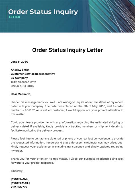 Free Order Status Inquiry Letter Template To Edit Online