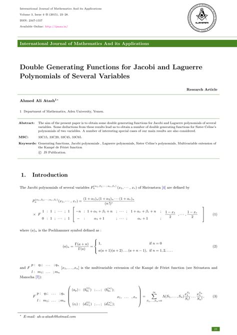 Pdf Double Generating Functions For Jacobi And Laguerre Polynomials Of Several Variables
