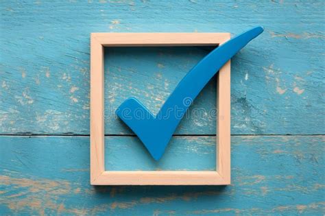 Blue Checkmark In Wooden Frame On Vibrant Blue Textured Background Symbolizing Approval Stock