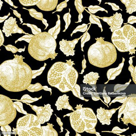 황금 석류 잎 및 꽃 원활한 패턴 빈티지 스타일에서입니다 손으로 그린된 석류입니다 벡터 일러스트입니다 온통 인쇄 석류에 대한 스톡 벡터 아트 및 기타 이미지 Istock