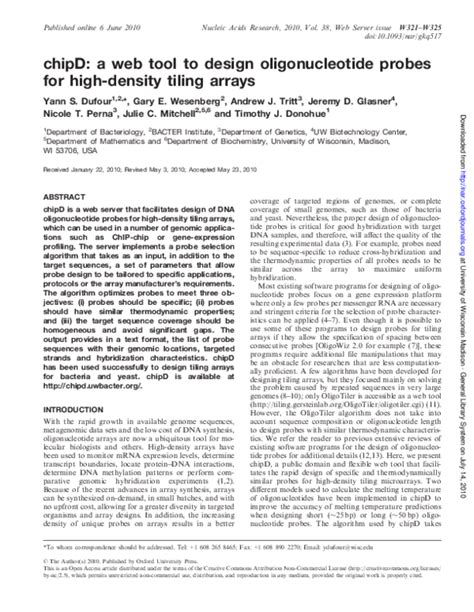 Pdf Chipd A Web Tool To Design Oligonucleotide Probes For High Density Tiling Arrays