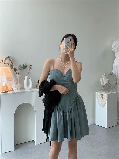 라라린 슬리브리스 데님 미니원피스 연청 프릴데님 나시청원피스 나시데님