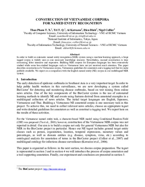 Pdf Construction Of Vietnamese Corpora For Named Entity Recognition