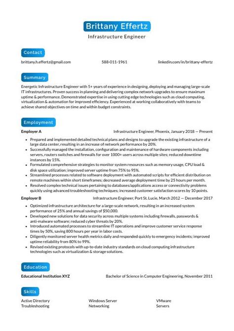 Infrastructure Engineer Resume CV Example And Writing Guide