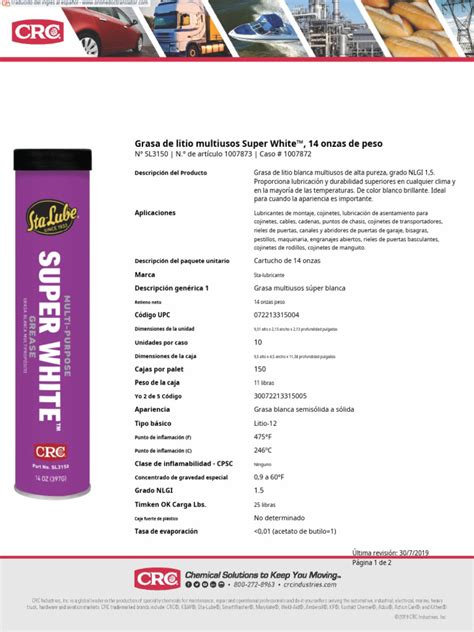 Sta Lube Super White Grease Pds 1 En Es Pdf Rodamiento Mecánico Fricción