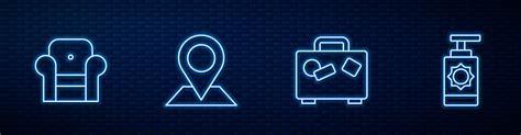 세트 라인 여행 가방 안락 의자 위치 및 자외선 차단제 스프레이 병 벽돌 벽에 빛나는 네온 아이콘 벡터 0명에 대한 스톡 벡터