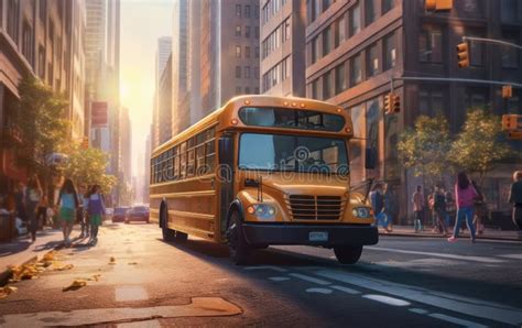 School Bus On City Street Created By Generative Artificial