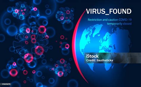 병원체 호흡기 코로나바이러스 발생 부동 인플루엔자 바이러스 세포의 현미경보기 어두운 배경에 새로운 코로나 바이러스 개념 보안 및 위협 탐지 개념입니다 개념에 대한 스톡 벡터