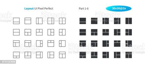 레이아웃 Ui 픽셀 완벽 한 잘 만들어진 벡터 얇은 선 및 고체 아이콘 30 2 그리드 웹 그래픽 및 애플 리 케이 션에 대 한 X 간단한 최소한의 그림 16 부 경관에