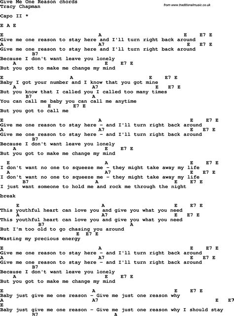 Song Lyrics With Guitar Chords For Give Me One Reason