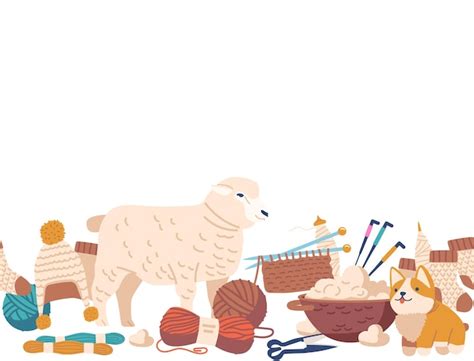 푹신한 원사 따뜻한 모자와 부드러운 양말을 특징으로 하는 아늑한 양모 항목과의 완벽한 패턴은 아늑하고 매력적인 겨울 디자인 가로 테두리 벽지 만화 벡터 그림에 적합합니다