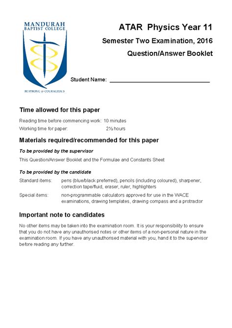 Physics Unit 2 Exam 2016 Atar Physics Year 11 Semester Two Examination 2016 Question Answer