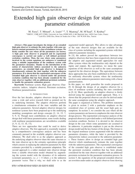 Pdf Extended High Gain Observer Design For State And Parameter Estimation