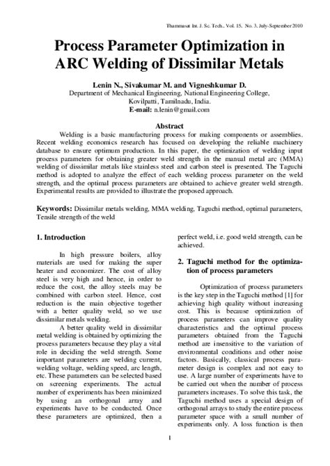 Pdf Process Parameter Optimization In Arc Welding Of Dissimilar Metals