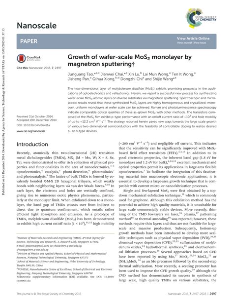 Pdf Growth Of Wafer Scale Mos 2 Monolayer By Magnetron Sputtering
