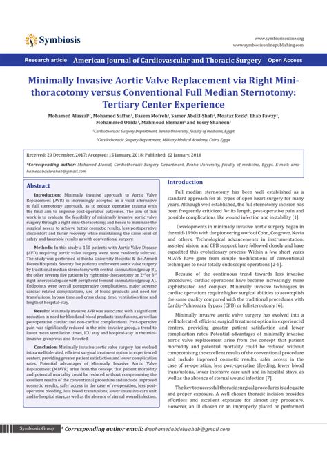 Pdf Minimally Invasive Aortic Valve Replacement Via Right Mini Thoracotomy Versus Conventional