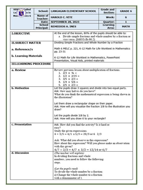 Lesson Plan In Math 6 Q1 Pdf Elementary Mathematics Arithmetic