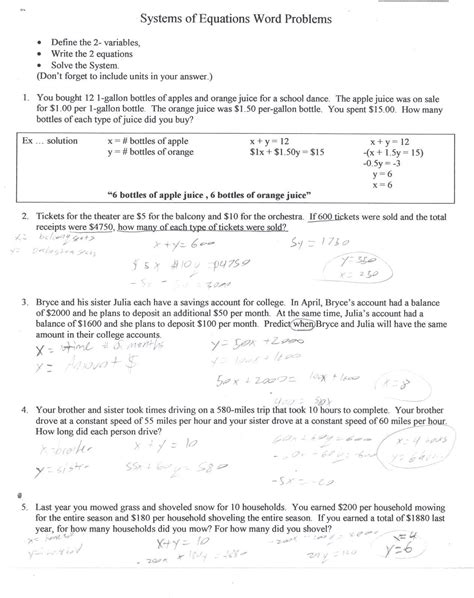 Solving Systems Of Equations Word Problems Worksheet Answer Key Db