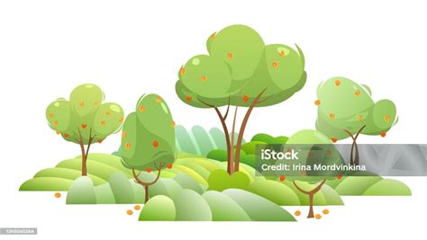 정원과 구불구불한 언덕 과일 나무와 농부 언덕과 농촌 풍경 잘 익은 살구 귀여운 재미있는 만화 디자인 일러스트 플랫 스타일 흰색으로 격리됩니다 벡터 0명에 대한 스톡 벡터