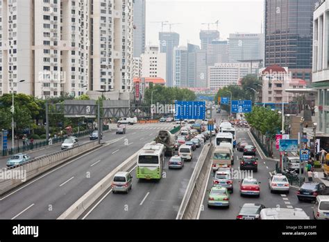 Wide Streets With Traffic Congestion In Pudong Shanghai China Stock