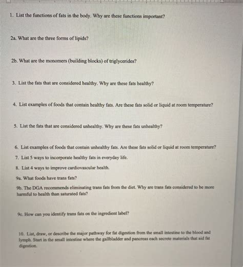 Solved 1 List The Functions Of Fats In The Body Why Are Chegg Com
