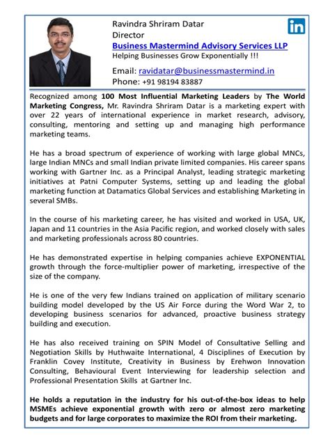 Ravindra Datar Professional Introduction Pdf Career And Growth Self