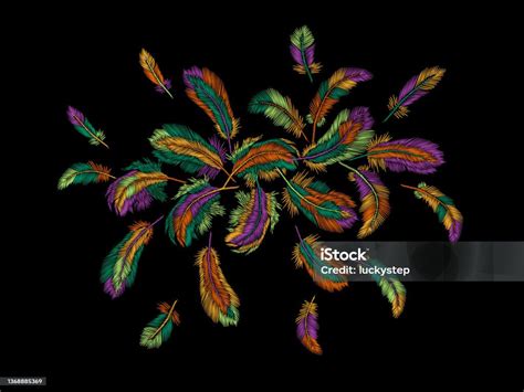 화려한 깃털 자 수 라운드 배열 Boho 부족 옷 인도 새 클래식 자 수 배경 세련 된 템플릿 디자인 벡터 일러스트 레이 션 0명에 대한 스톡 벡터 아트 및 기타 이미지