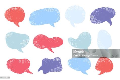 장식적인 겨울 요소가 있는 크리스마스 그런지 말풍선 빈 크리스마스 채팅 상자 눈송이 전나무 가지 나무 싸구려 선물 상자 호랑가시나무 설정 0명에 대한 스톡 벡터 아트 및