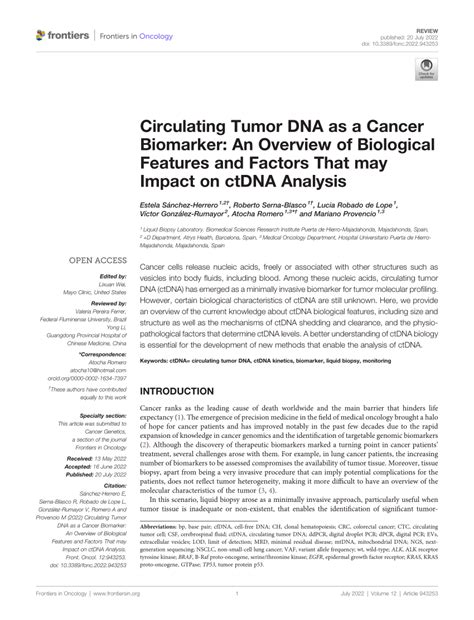 Pdf Circulating Tumor Dna As A Cancer Biomarker An Overview Of Biological Features And