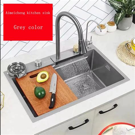 2022 최신 회색 나노 304 스테인리스 스틸 싱크대 주방 야채 세면대 가정용 대형 단일 싱크대 Aliexpress