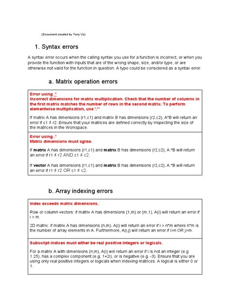 Matlab Common Errors Guide Pdf Matrix Mathematics Parameter