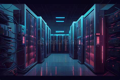 Server Room With Rows Of Powerful Computers And Data Centers