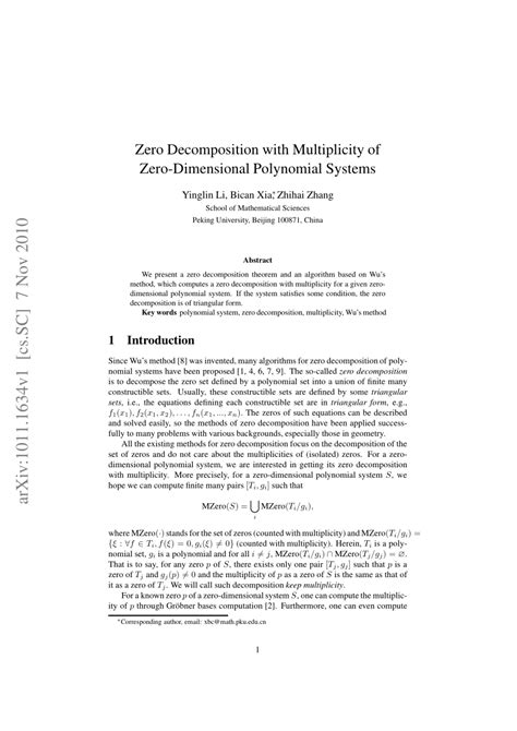 Pdf Zero Decomposition With Multiplicity Of Zero Dimensional Polynomial Systems