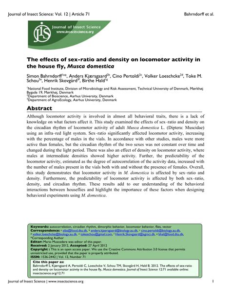 Pdf The Effects Of Sex Ratio And Density On Locomotor Activity In The House Fly Musca Domestica