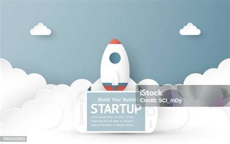 종이 절단 공예 및 종이 접기 스타일에서 시작 개념 벡터 일러스트 레이 션 로켓은 파란 하늘을 날고 있다 웹 배너 포스터 표지 광고에 대 한 템플릿 디자인입니다 아이 들을