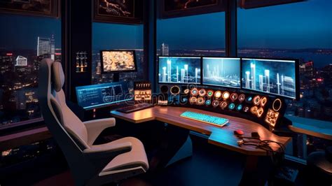 Computer Desk With Multiple Monitors And Keyboard And Mouse In Front Of