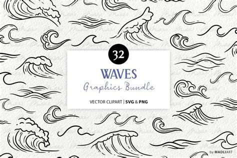 32 Waves Vector Clipart Ocean Wave Svg Line Art Graphics